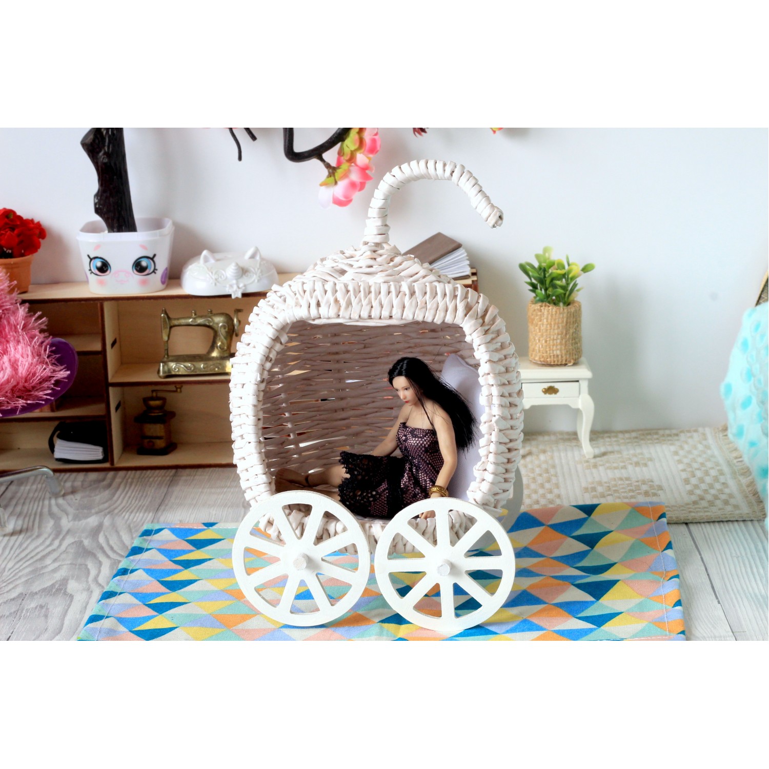 Cinderella carriage, fairy tale wicker pumpkin stroller. Miniature