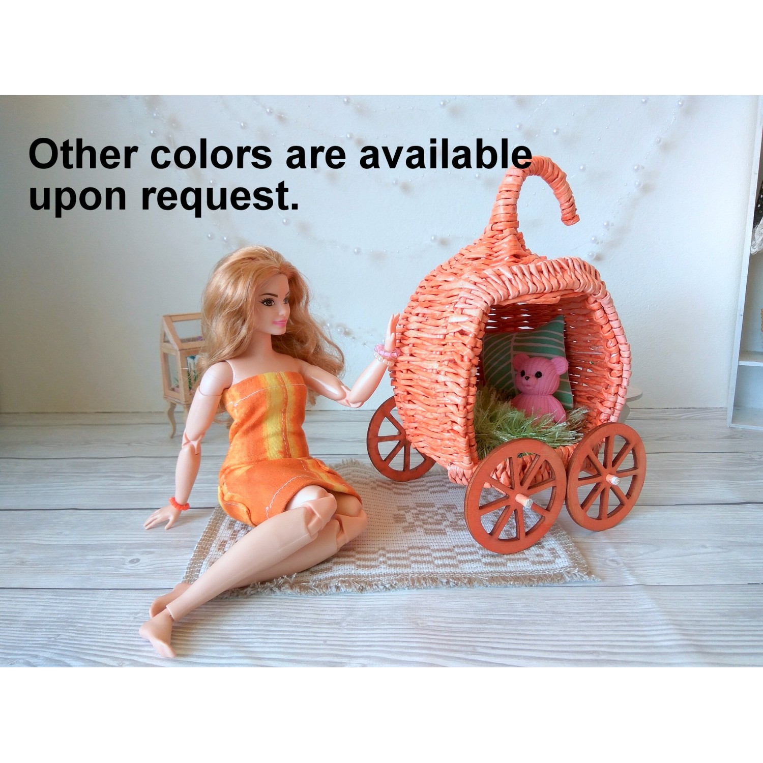 Cinderella carriage, fairy tale wicker pumpkin stroller. Miniature