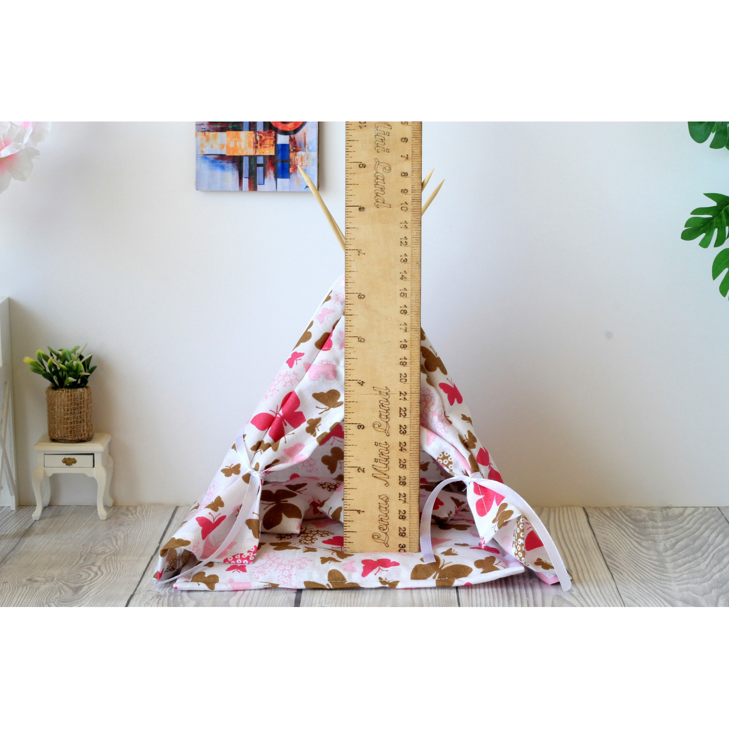 Miniature teepee tent. Tiny play-tent with mat pad pillows. 1:12 play scale