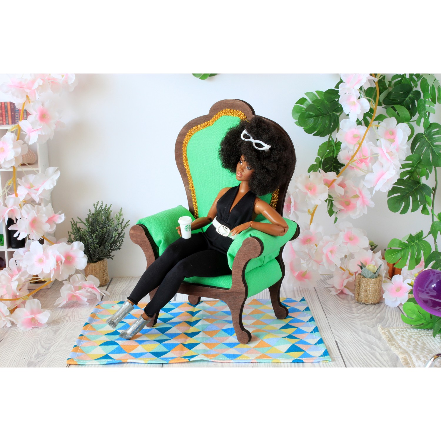 Miniature chair 1:6 scale wooden upholstered with colorful gabardine fabric