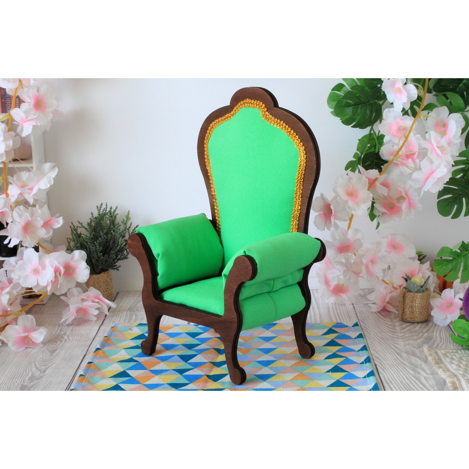 Miniature chair 1:6 scale wooden upholstered with colorful gabardine fabric