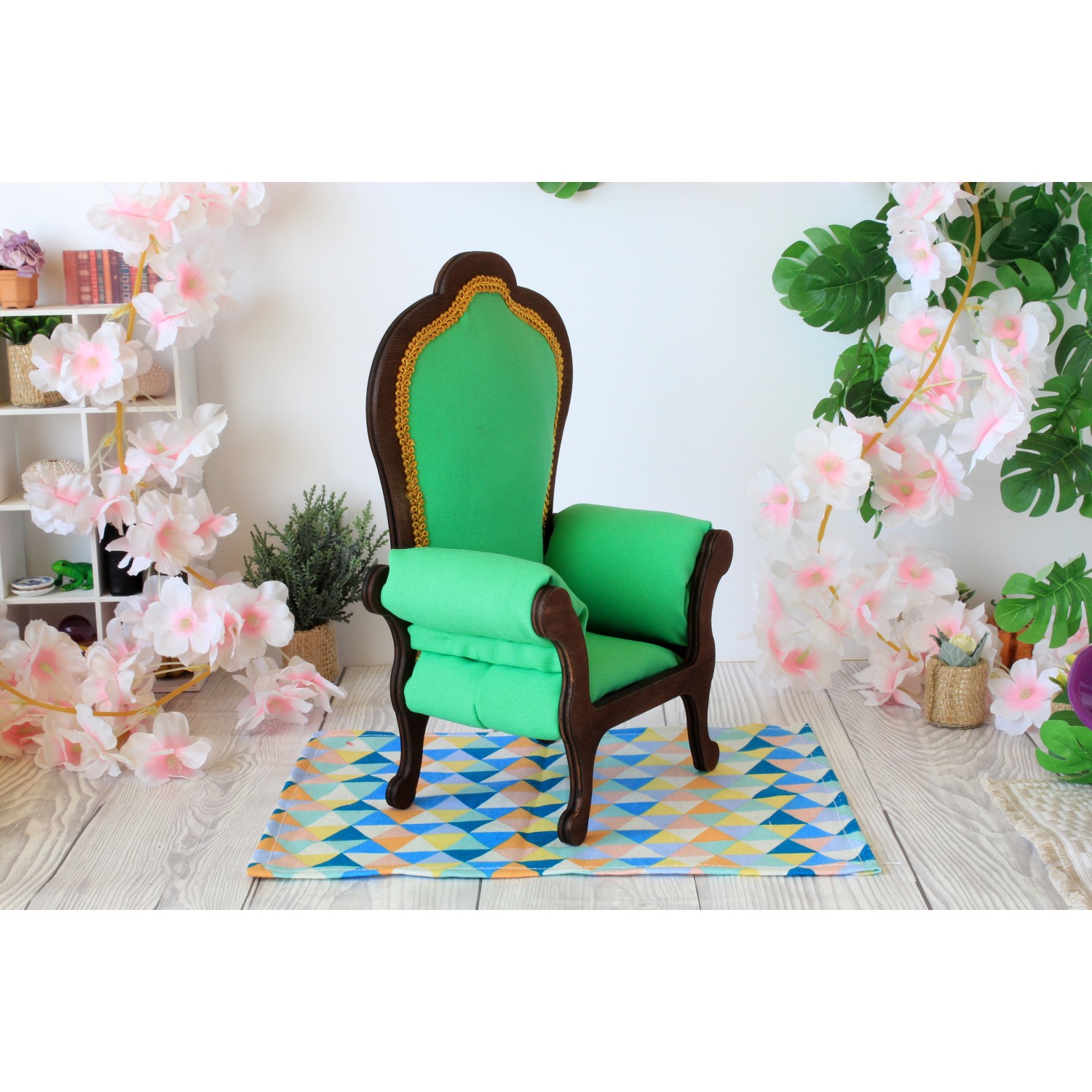 Miniature chair 1:6 scale wooden upholstered with colorful gabardine fabric