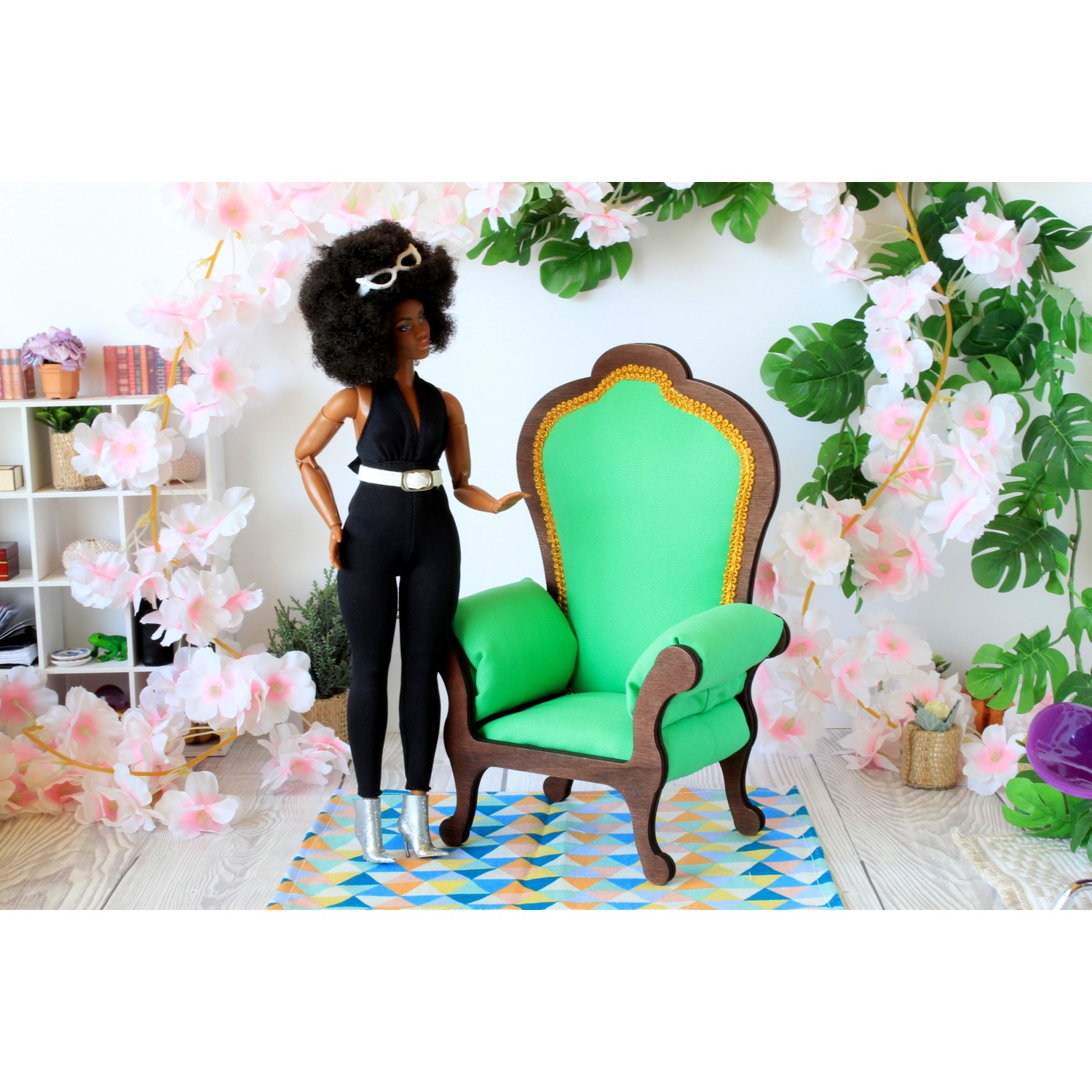 Miniature chair 1:6 scale wooden upholstered with colorful gabardine fabric