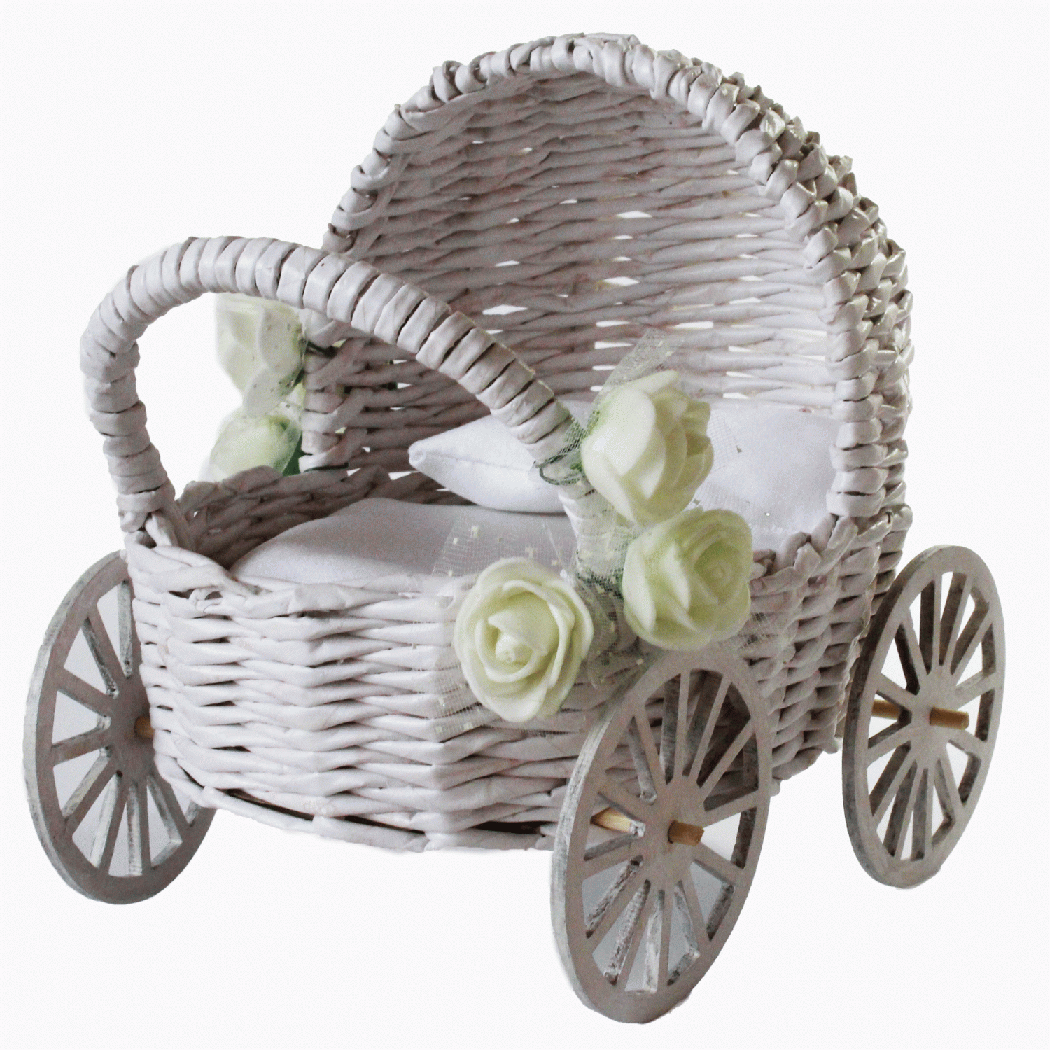 Miniature carriage, wicker dollhouse pram. White Cottage chick style