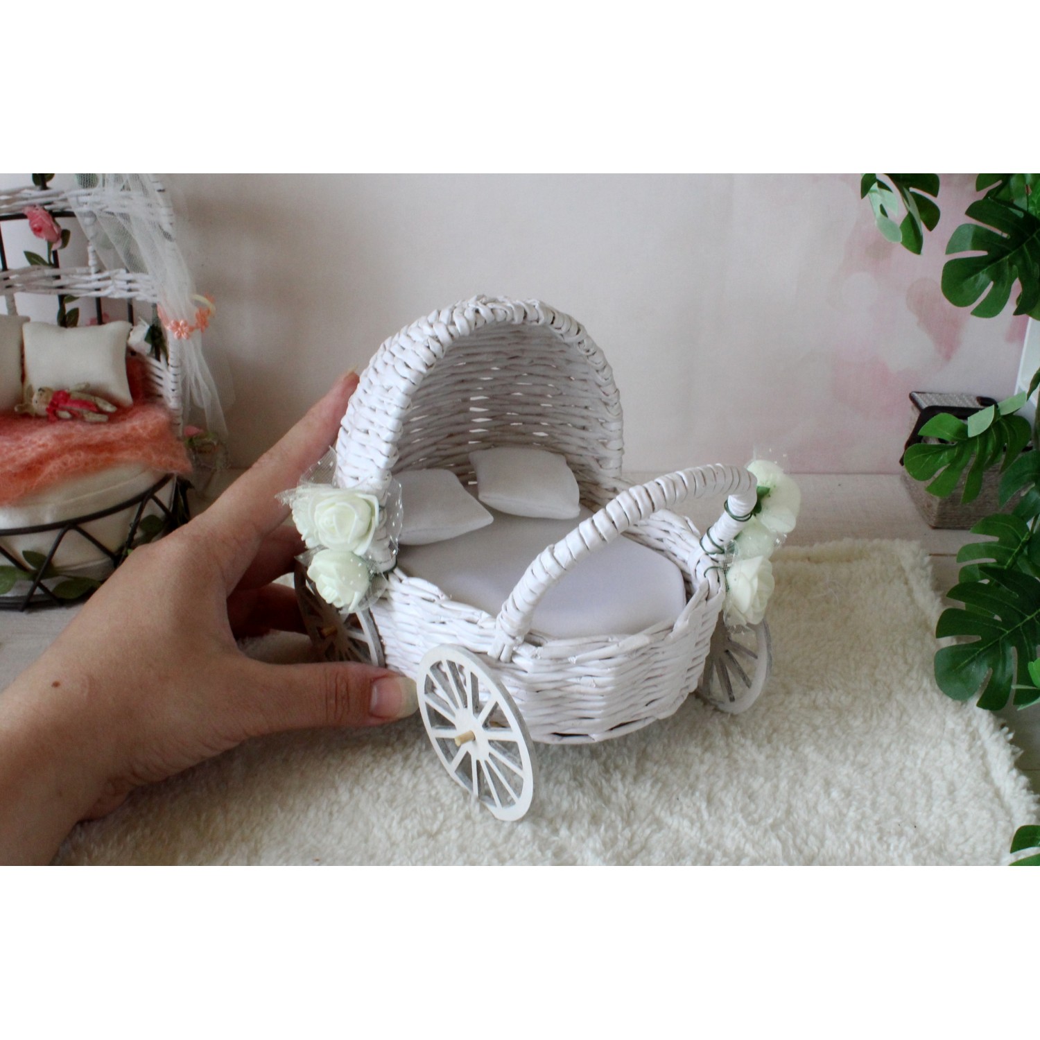 Miniature carriage, wicker dollhouse pram. White Cottage chick style