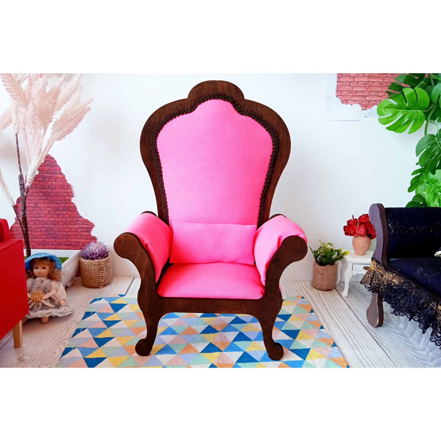 Miniature chair 1:6 scale wooden upholstered with colorful gabardine fabric