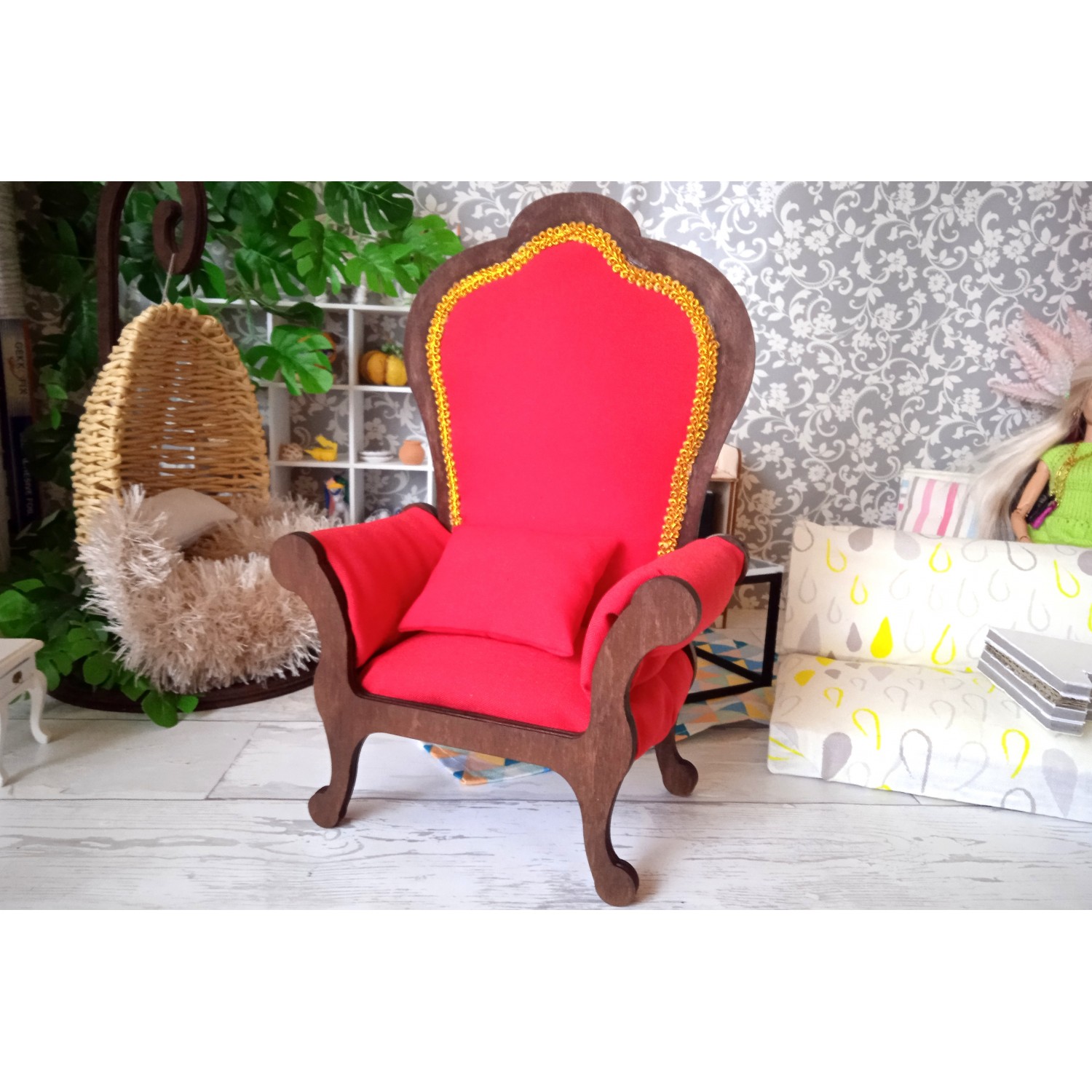 Miniature chair 1:6 scale wooden upholstered with colorful gabardine fabric