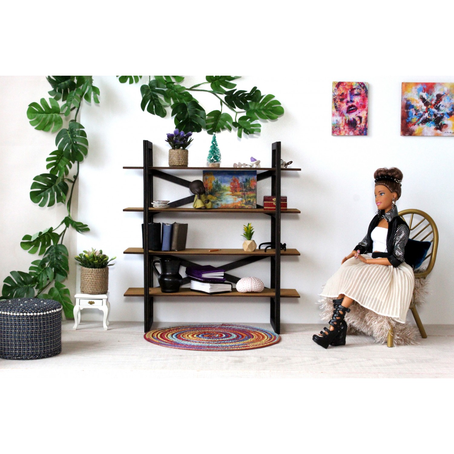 Modern dollhouse bookcase 1:6 scale, handmade miniature bookshelf